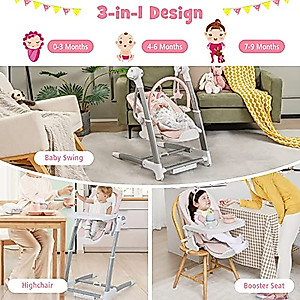 BABY JOY Baby Swings for Infants, 3 in 1 Foldable High Chair w/ 8 Adjustable Height, 5-Position Backrest, 3 Timer Settings, 12 Melodies and 5 Natural Sounds, Booster Seat for Dining Table (Pink)