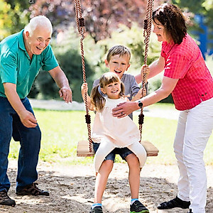 Wooden Tree Swing Set, Wooden Swing Seat with 2 Carabiners, 2 Strengthen Straps and Adjustable Rope for Kids Indoor Outdoor, 17.7'' x 7.5'' x 1.2''