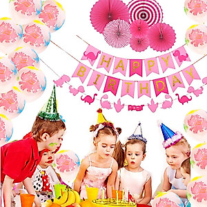 Dinosaur Party Decorations for Baby Girls-1 Happy Birthday Banner, 1 Dino-mite Garland,6 Pink Paper Fans, 12 Dino Balloons-Birthday Supplies and Favors for Kid's Christmas Thanksgiving 1st 2nd 3rd