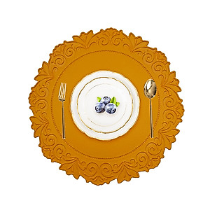 Canglifull European Embossed Waterproof Faux Leather Round Table Placemats Set of 6, Wipeable and Washable, Suitable for Round Tables, Dining Tables for Home Kitchen Decoration (Black)