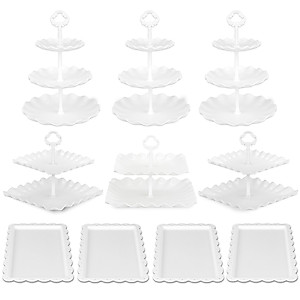 Pack of 10 NWK Cake Stand, Cupcake Stand, with 3 x Two-Tier Cupcake Stands, 3 x Three-Tier Cupcake Stands, 4 x Appetizer Trays, for Birthday Baby Bridal Shower Party (White)