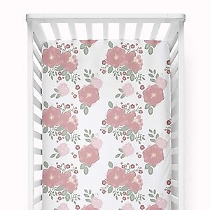 Lotte & Eve 100% Cotton Fitted Crib Sheet for Standard Crib in Pink Floral Watercolor for Baby Girls or Toddler Girls