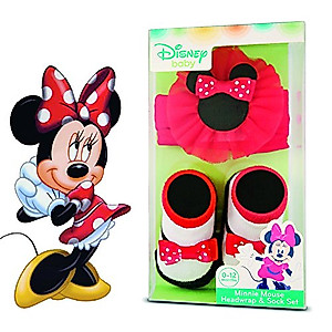 Disney Baby Girls’ Minnie Mouse Gift Set – 2 Piece Headband and Socks (Newborn: 0-12M), Size 0-12 Months, Minnie Headband and Socks Red