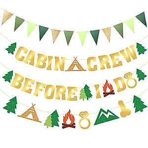 Camp Bachelorette Decorations, Pre-assembled Cabin Crew Before I Do Banner, Gold Green Bachelorette Party Decor for Bride, Camping Party Decorations With Pennant Flags Garland