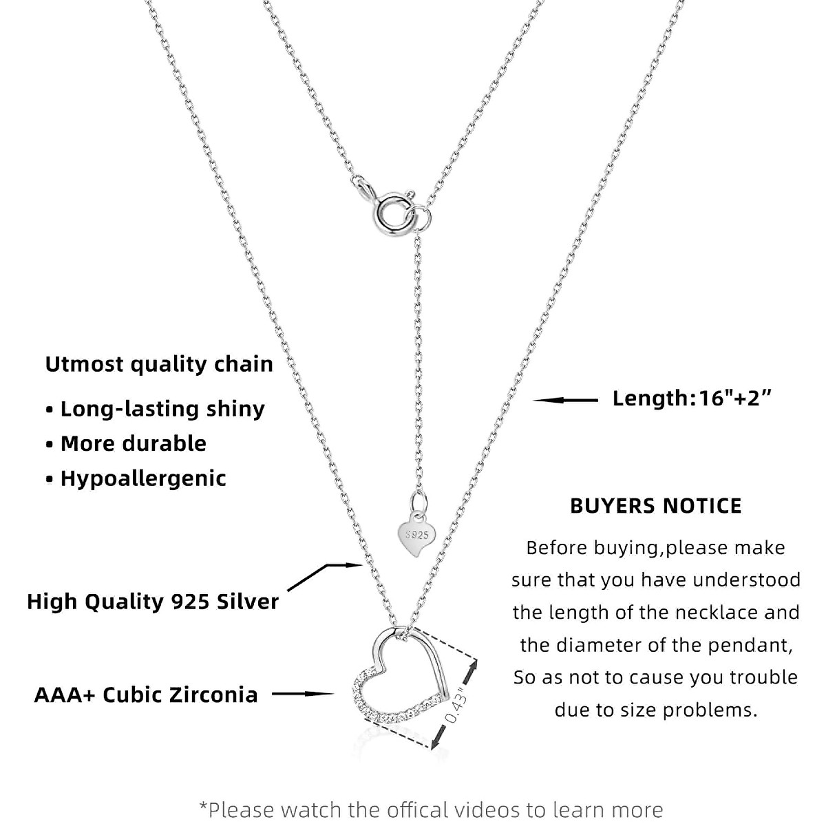 Raelyn&Bev. L'Amour Collection Jewelery, 18” +2” Heart Cubic Zirconia Pendant Necklace,Choker Necklaces For Women, Girls with Polishing Cloth, Velvet Drawstring Bag