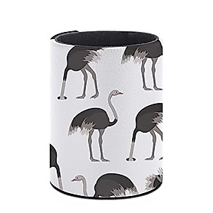 Cartoon Ostrich Bird Round PU Leather Pen Holder Desk Organizer Storage Container Pencil Container Brush Scissor Box