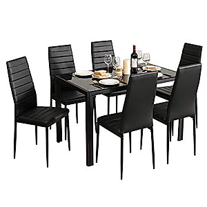 Giantex Kitchen Dining Table Set, Glass Tabletop Dining Room Set with Leather Padded 6 Chairs, Rectangular Modern Metal Frame Table for Dining Room, Kitchen, Dinette, Compact Space, Black