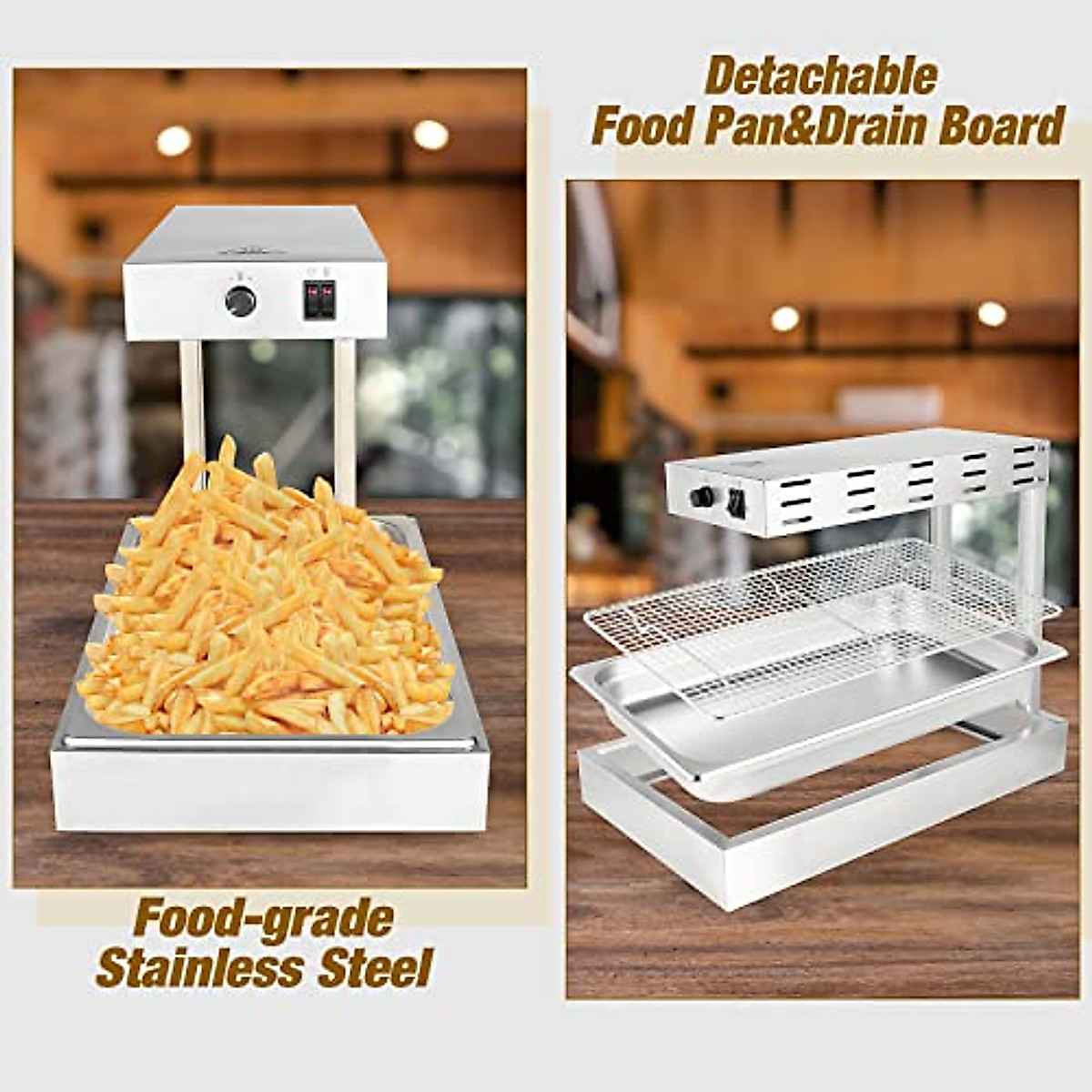 Restlrious French Fry Warmer Commercial Heat Lamp Food Warmer, Free Standing Electric Infrared Heating Dump Station, 500W Stainless Steel Food Warming Light w/Drain Board Drip Pan for Fries 4” Deep