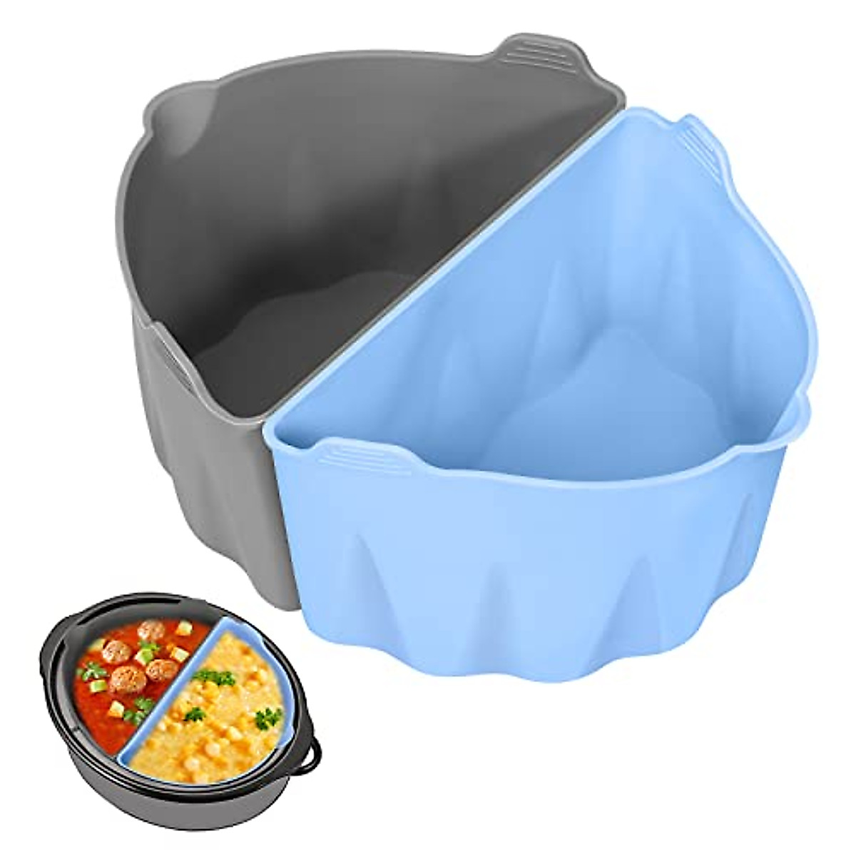 TUSEASY Slow Cooker Liners Compatible for Crock Pot 6-7 Quart Oval Slow Cooker, Silicone CrockPot Divider Insert Reusable, Leak Proof, BPA Free, Dishwasher Safe, Non-Stick (Grey+Blue)