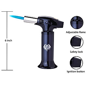 Kitchen Torch, blow torch -Special Blue Refillable Butane Torch With Safety Lock & Adjustable Flame and Fuel gauge - Culinary Torch, Creme Brulée Torch for Cooking Food, Baking, BBQ (Black)
