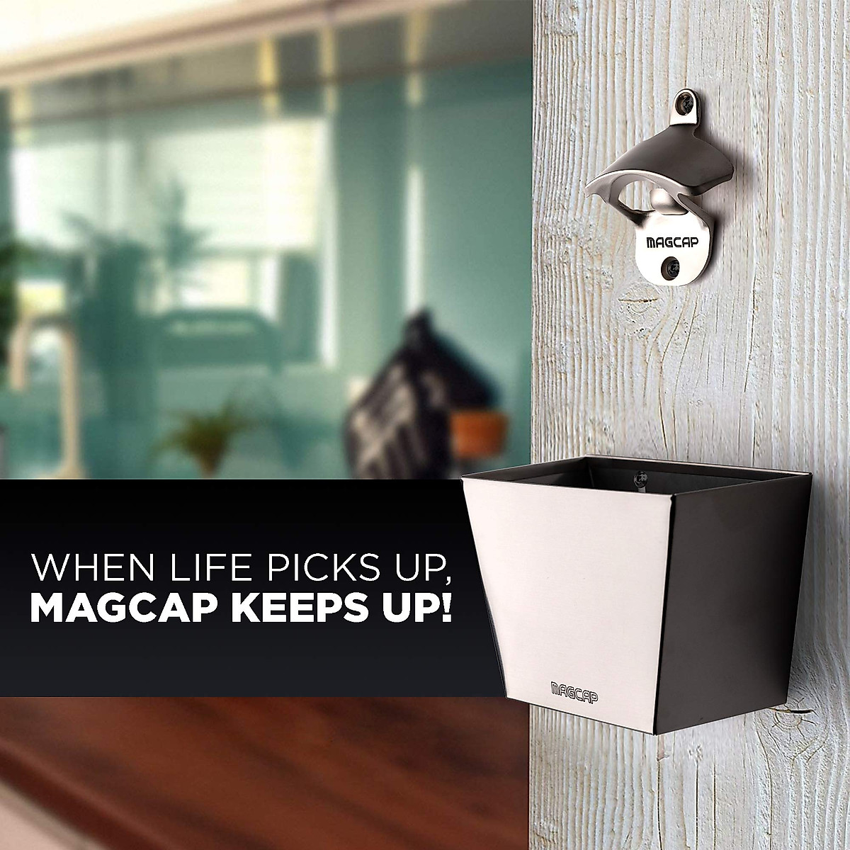 MAGCAP Magnetic Wall Mounted Bar - Style Bottle Opener and Bottle Cap Catcher Set for Beer and Sodas - Stylish, Easy to Install and Effortless to Use - Collects the Caps so You Don't Have to!