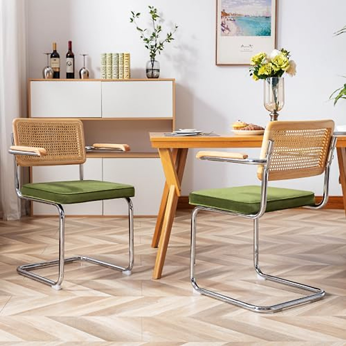 Zibeths Olive Green Dining Chairs, Cane Back Side Chairs with Armrest, Cesca Dining Chairs Set of 2, Velvet Upholstered and Chrome Legs for Dining Room, Living Room, Kitchen