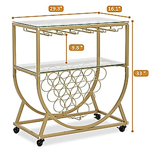 O&K FURNITURE Glass Bar Cart with Wine Rack, Bar Serving Cart on Wheels, Kitchen Storage Cart for The Home, Gold