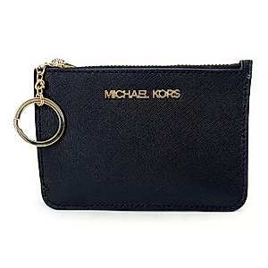 Michael Kors Jet Set Travel Small Top Zip Coin Pouch with ID Holder in Saffiano Leather (Black with Gold Hardware)