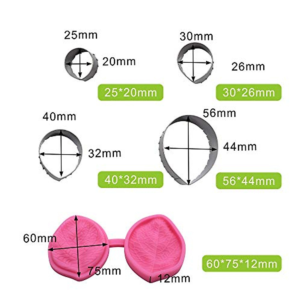 AK ART KITCHENWARE Fondant Leaf of Rose Silicone Veiner Molds Stainless Steel Cutters Set Sugarpaste Tools Cake Decorating Tools (Sawtooth Leaves)