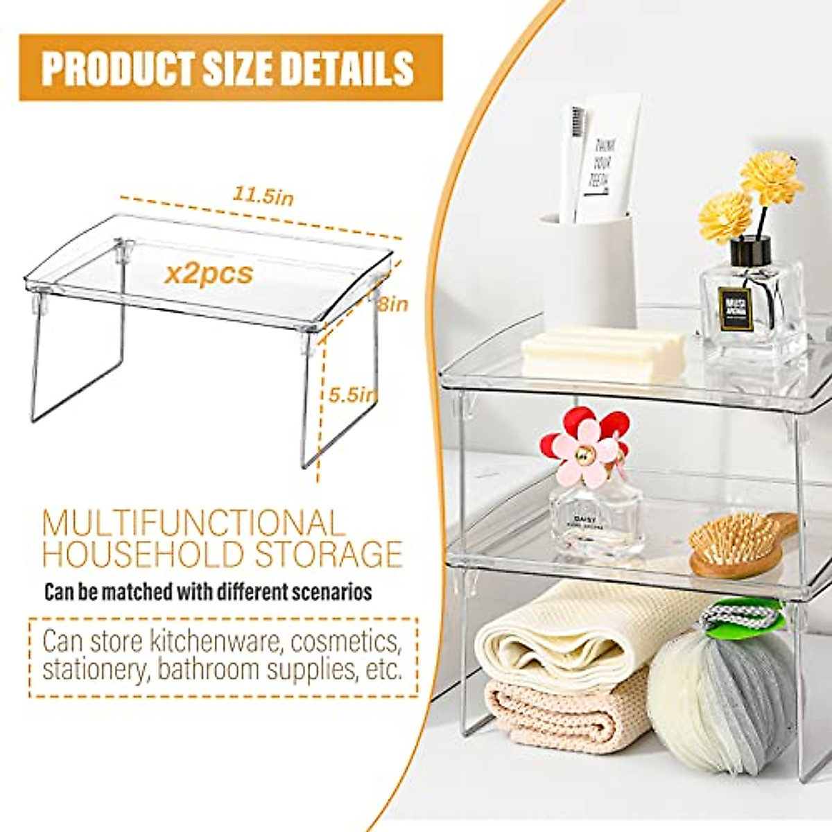 2 Tier Bathroom Countertop Organizer, Folding Stackable Clear Counter Standing Rack Cosmetic Holder Bathroom Counter Shelf Bathroom Trays for Counter Vanity Organizers and Storage Countertop Organizer