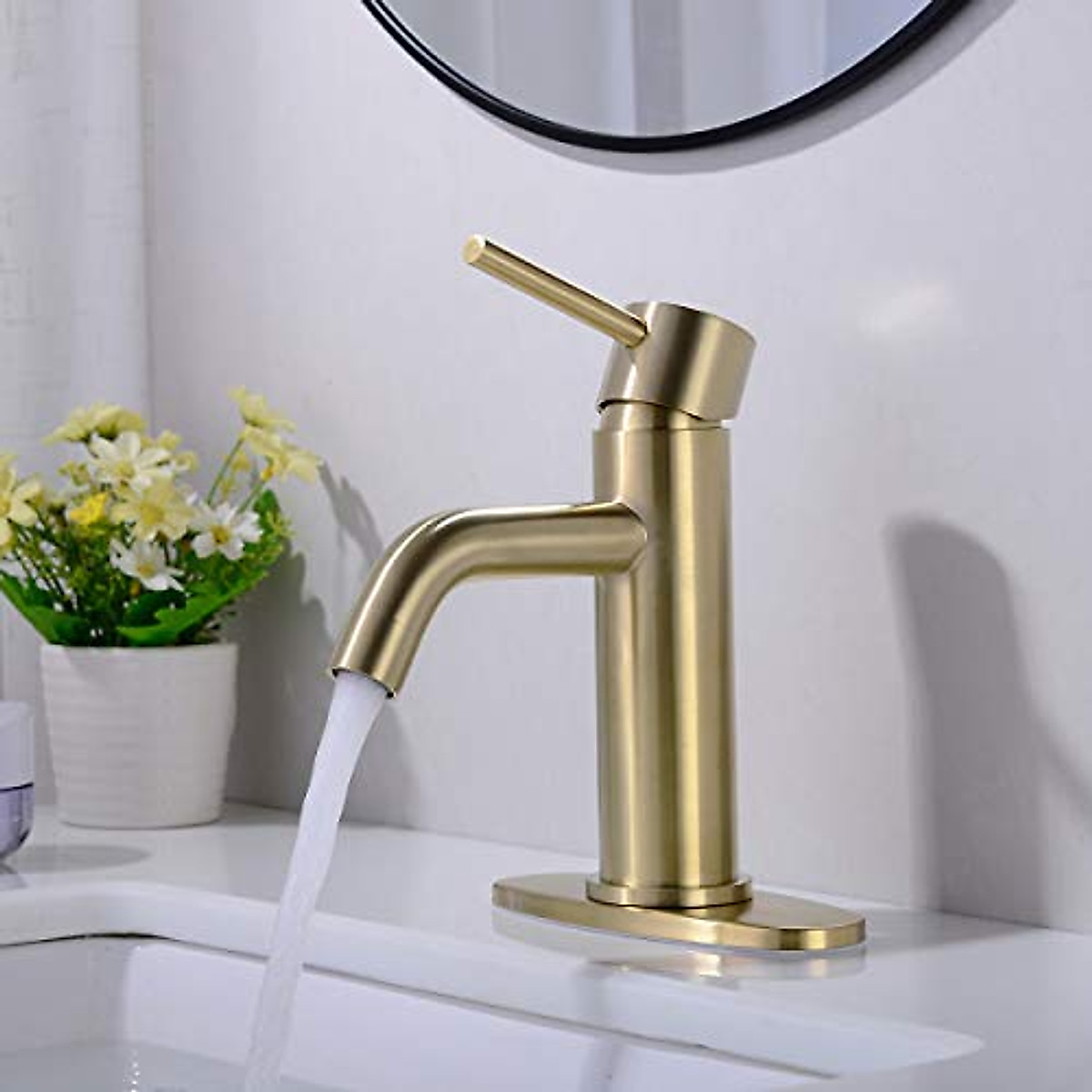 TRUSTMI Brass Single Lever Single Hole Bathroom Basin Sink Faucet with Pop Up Drain Assembly and 6-Inch Hole Cover Deck Plate,Brushed Gold