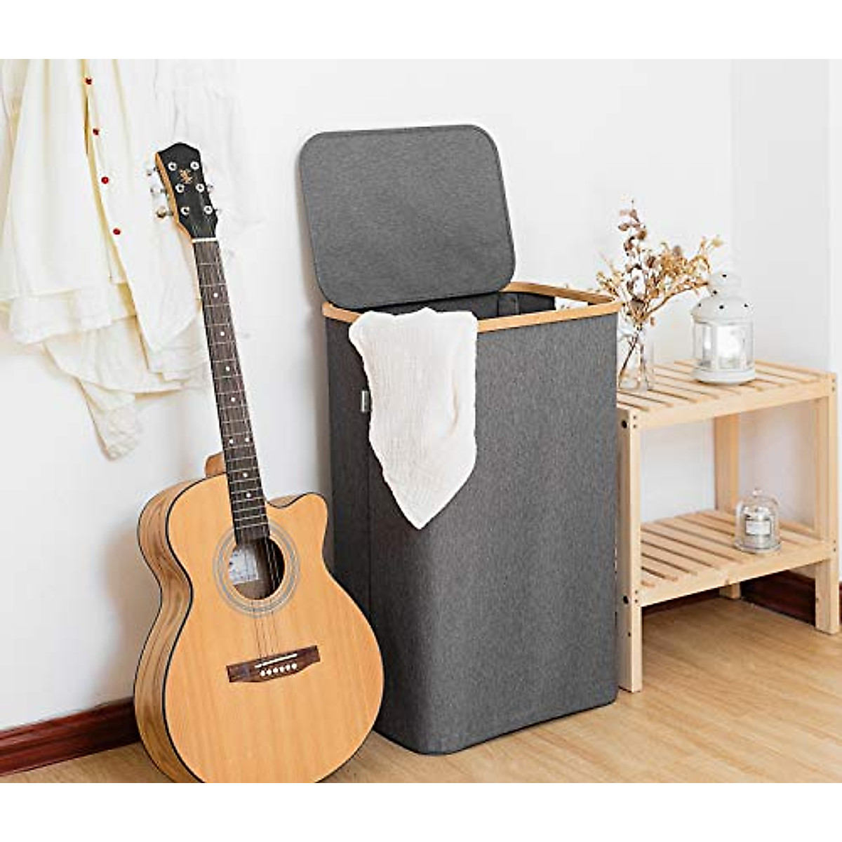 Lonbet - Grey Laundry Hamper with Lid - XL 100 L - Large Hampers for Laundry with Handles - Laundry Baskets with Lid for Bedrooms - Bamboo Bathroom Tall Laundry Bin