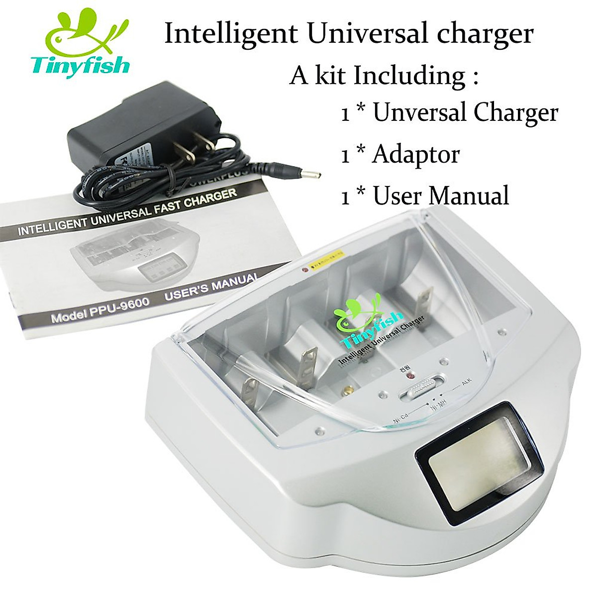 Alkaline Battery Charger|NiCd Discharger|NiCd Charger|NiMh Charger|Universal Battery Charger|Universal Fast Charger for Size AA, AAA, C, D, 9V Batteries Tinyfish PPU9600(No Cells Included)