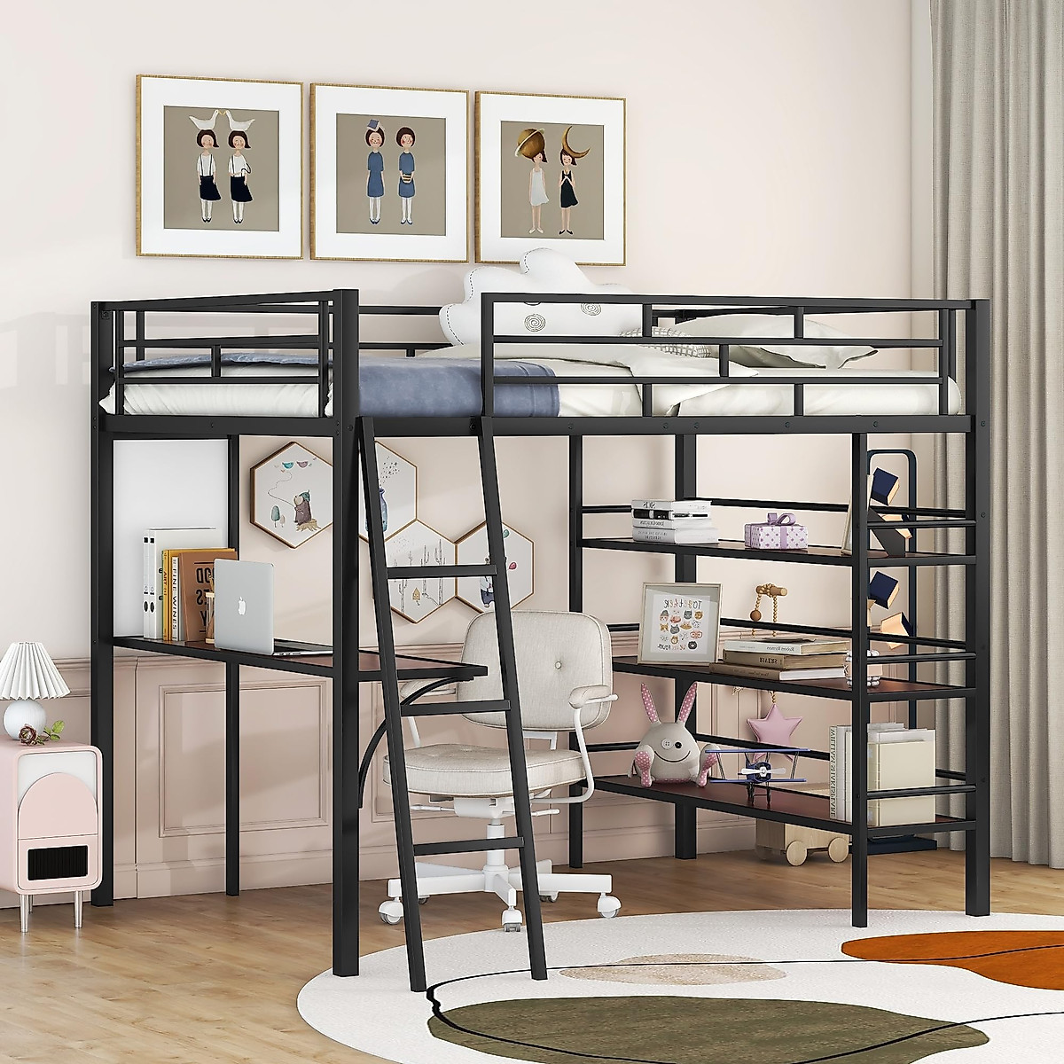 Favfurish Full Size Loft Metal Bed with 3 Layers of Shelves and Desk, Heavy Duty Stylish Bed Frame W/Whiteboard,Safety Guardrail & Ladder,for Kids Teens Adults,Black