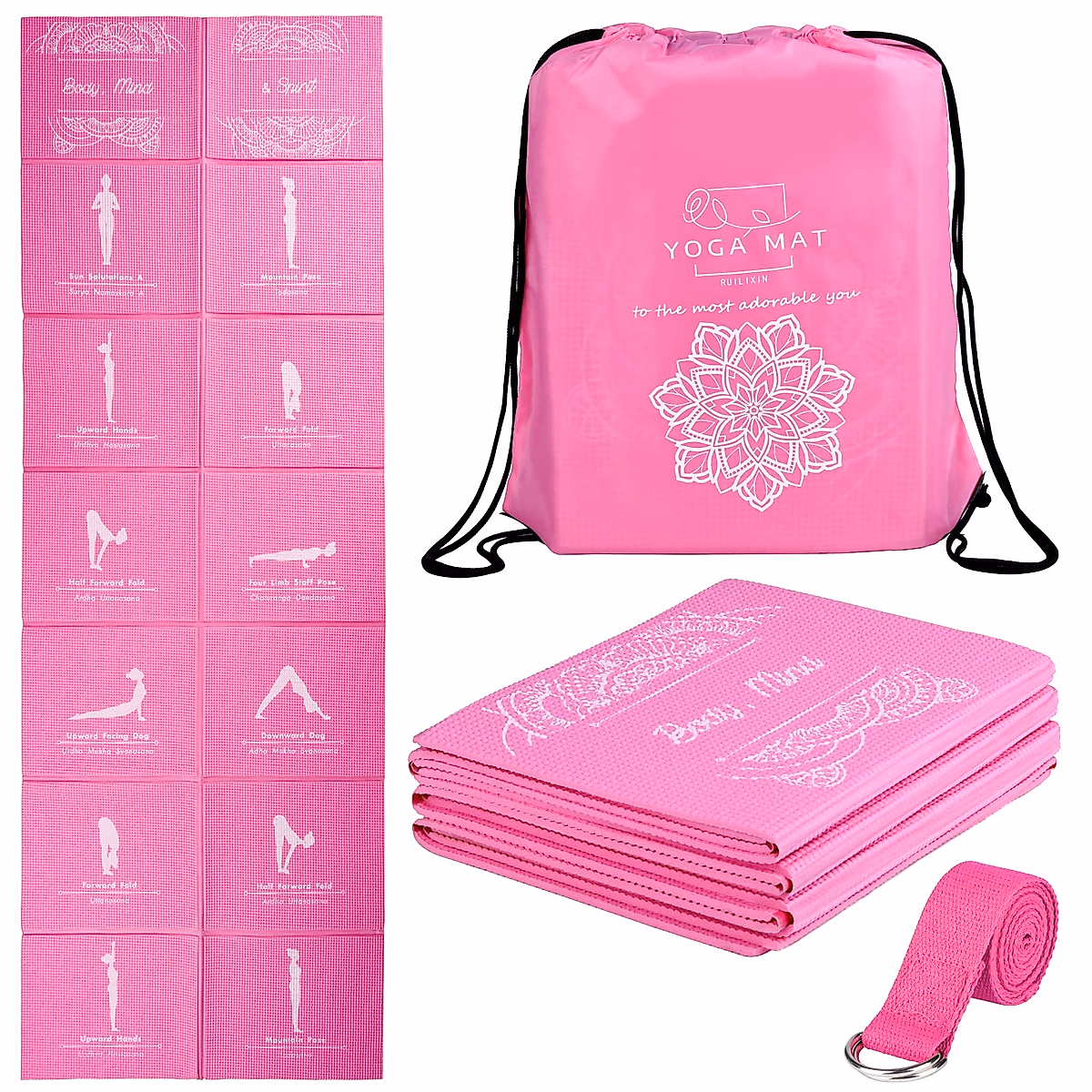 Foldable Yoga Mat for Women, Non Slip Exercise Mat for Home Gym, Travel Yoga Set With Stretch Strap for Yoga Pilates and Fitness, 68"L x 24"W x 5mm Thick (Pink)
