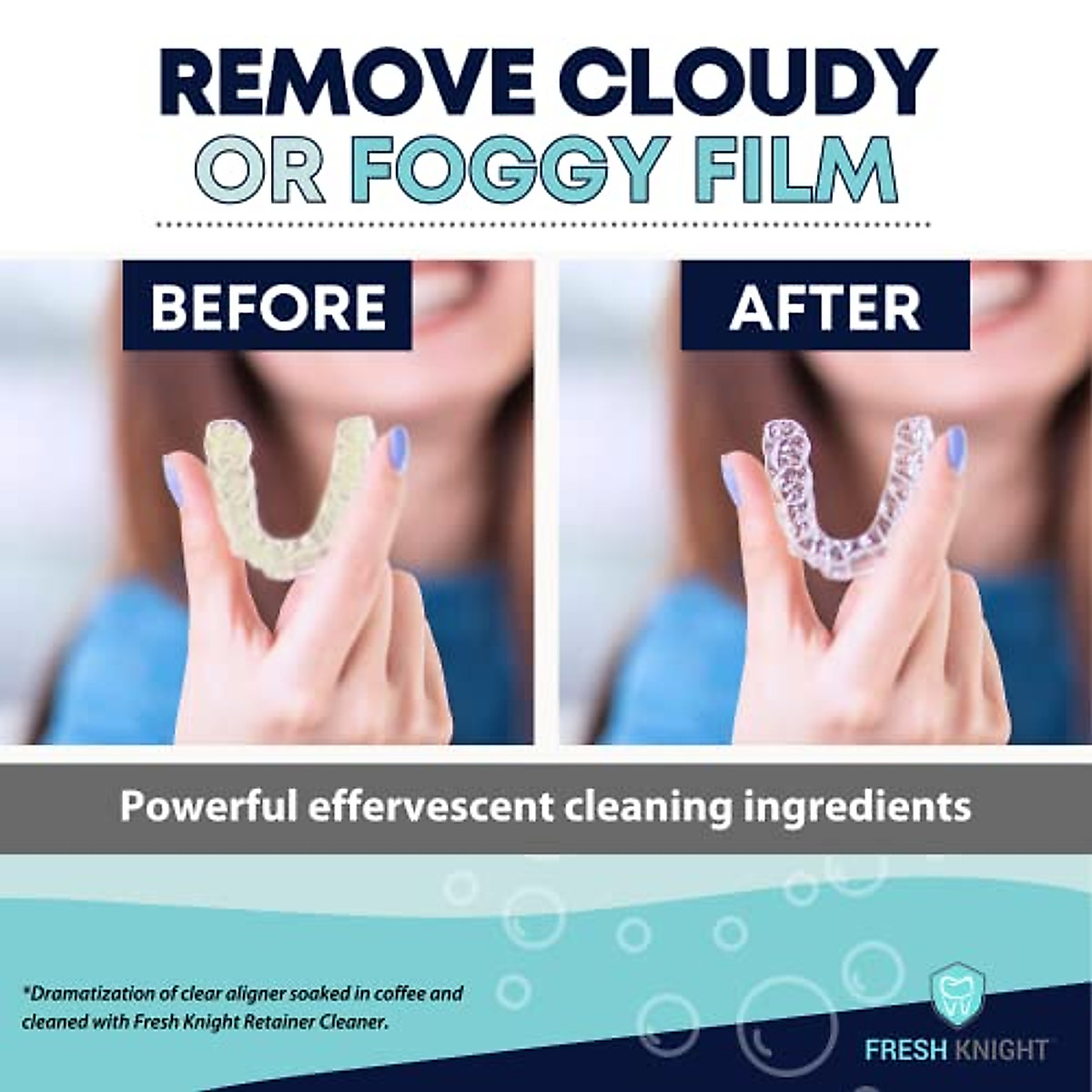 Retainer Cleaner, Denture Cleaner (120 Tablets) Removes Cloudiness, Brightens and Freshens Clear Aligners, Retainers, Night Guards, Mouth Guards, Dental Appliances, Fresh Knight