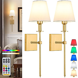Wall Lights Battery Operated Wall Sconces Set Of 2,Gold Rechargeable Wall Light With Wireless Remote Dimmable,10 Colors Modes Cordless Battery Sconce Indoor Wall lamp for Bedroom Living Room Hallway