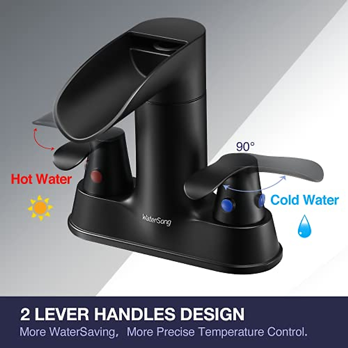 Black Bathroom Faucet 4 Inch 2 Handle - WaterSong Waterfall Bathroom Sink Faucet with Pop-up Drain & cUPC Lead-Free Water Supply Hose, Centerset 360° Swivel Spout Bathroom Faucet, RV Farmhouse Modern