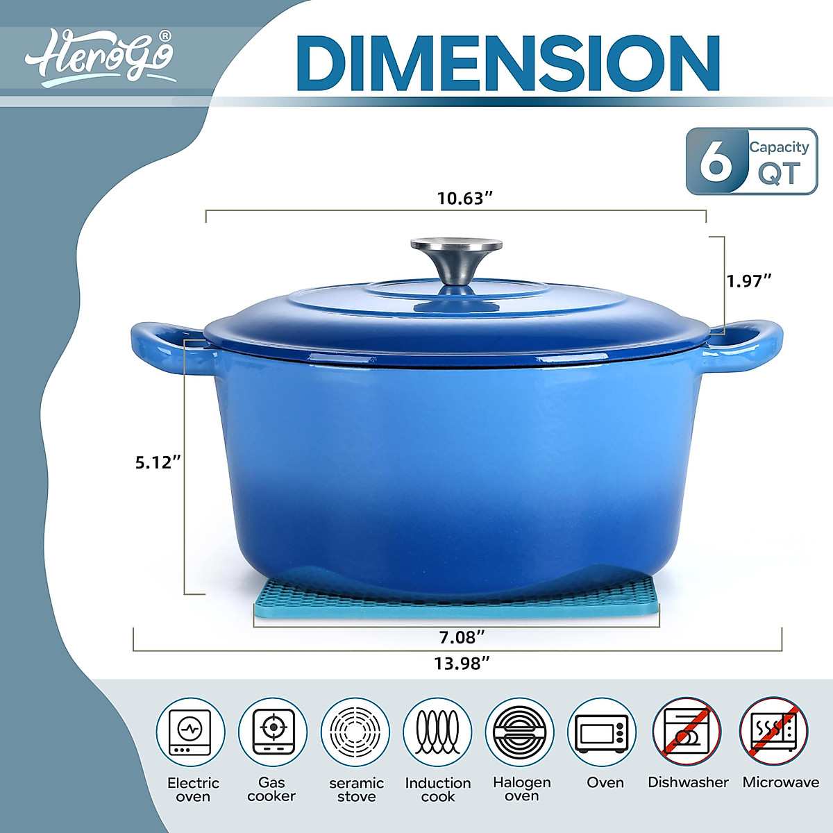 Herogo 6 Quart Enameled Cast Iron Dutch Oven with Lid and Silicone Trivet Mat, Round Dutch Oven Pot Blue with Dual Handles for Bread Baking Stewing Roasting Various Stoves & Oven Safe