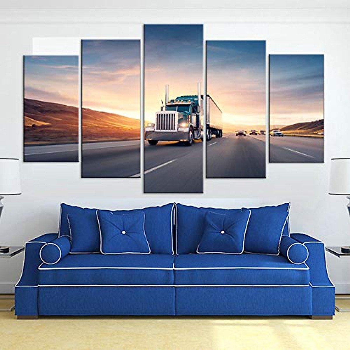 HAOSHUNDA Semi Truck Big Rig On The Highway Poster Living Room Decor 5 Panel Canvas Print Wall Art Gallery Wrapped（Framed） (8x14x2,8x18inx2,8x22inx1)