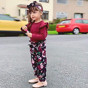 SANMIO 24 Month Girl Clothes Baby Girl Outfits Solid Color Ruffle Top+ Floral Pant + Headband 3Pcs Toddler Baby Girl Fall Outfits Set
