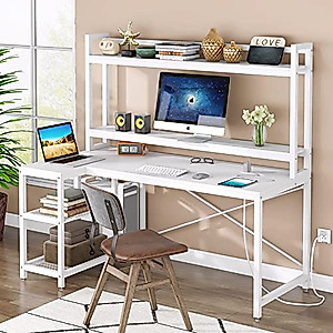 TIYASE Computer Desk with Hutch and Storage Shelves, 51 inch L-Shaped Corner Computer Desk with Power Outlet & Monitor Stand, Large Home Office Study Writing Table with USB Port & Tower Shelf, White