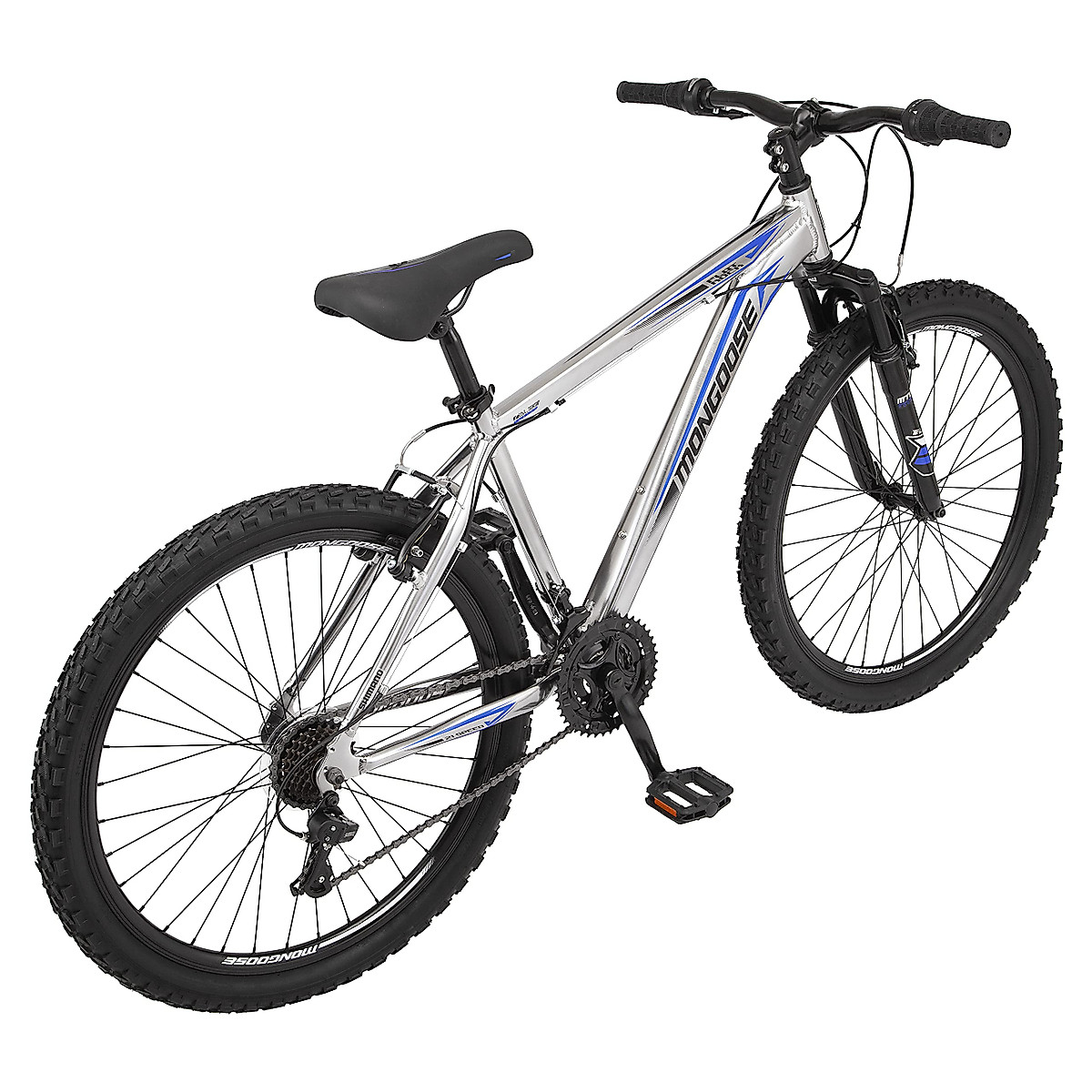 Mongoose Flatrock 21-Speed Hardtail Mountain Bike, 26-Inch Wheels, for Men and Women, Front Suspension, 17-Inch Lightweight Aluminum Frame, Silver