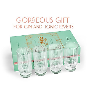 Vintage Art Deco Collins Ribbed Cocktail Glasses | Set of 4 | 14 oz Crystal Highball Glassware for Drinking Mojito, Tom Collins, Classic Hi Ball Bar Drinks | Skinny Tall Barware Tumblers