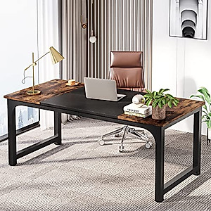 LITTLE TREE 63 Inch Large Executive Computer Office Desk, Brown+Black
