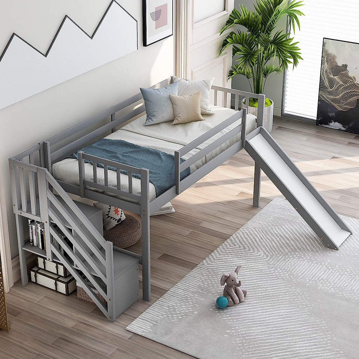 Low Loft Bed with Stairs for Kids and Toddlers Wood Loft Bed Frame with Slide Twin Loft Beds with Stairway Storage for Boys Girls, Gray