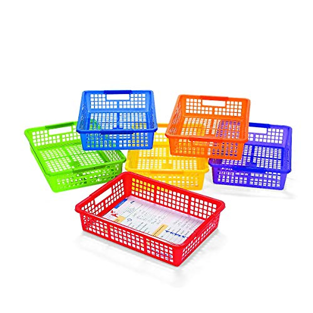 Plastic Organization Storage Baskets for Kids - Set of 6 Bins with Handles - Classroom Teacher and Supplies - Basket Size - 13" x 9 3/4" x 3"
