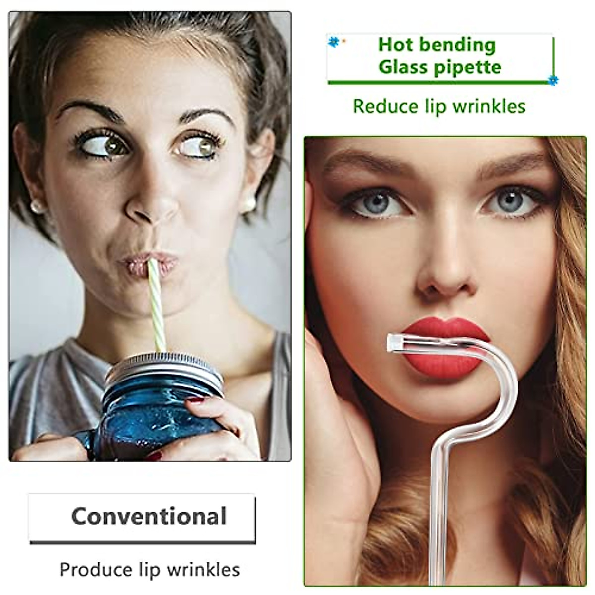 Anti Wrinkle Straw 2 Pcs, Reusable Glass Drinking Anti Wrinkle Straw, Curved No Wrinkle Straws Prevent Wrinkles Sideways Flute Straw, Engaging Lips Horizontally, Avoid Rubbing Off Lipstick, Set of 2