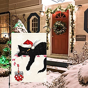 Merry Christmas Garden Flag 12x18 Double Sided, Burlap Winter Christmas Bell Black Cat Garden Yard Flags for Xmas Christmas Outside Outdoor Decoration (ONLY FLAG)