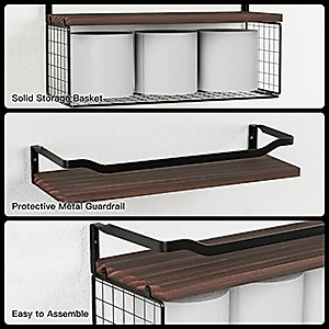 WOPITUES Floating Shelves with Wire Storage Basket, Bathroom Shelves Over Toilet with Protective Metal Guardrail, Wood Wall Shelves for Bathroom, Bedroom, Living Room, Toilet Paper- Dark Walnut