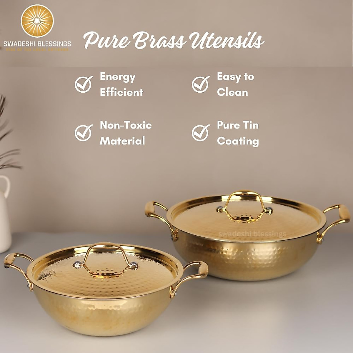 Swadeshi Blessings Exclusive Range Brass Kadai for Cooking with Lid/Teflon-Free/Naturally Non-Stick Brass Utensils with Tin Coating (2 Litres)