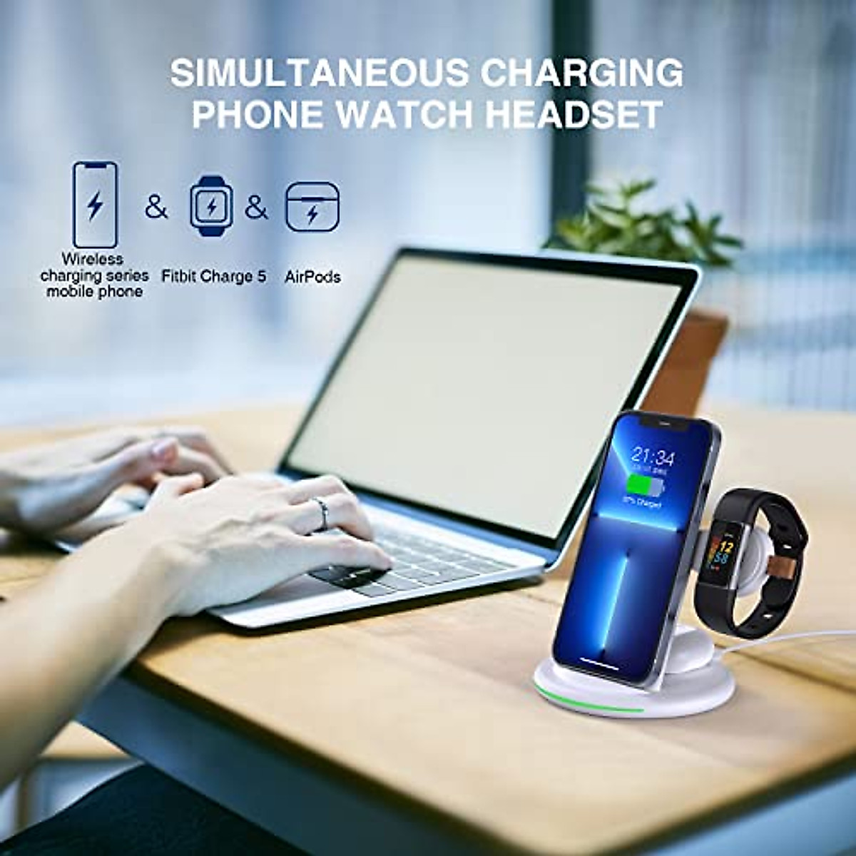KOJACMUR 3 in 1 Wireless Charger for Fitbit Charge 5/Fitbit Luxe,Wireless Charging Station Compatible for iPhone 14/12 Pro Max/13/11/8, for Samsung Galaxy S22+ S22, for AirPods Pro/3 (White A)