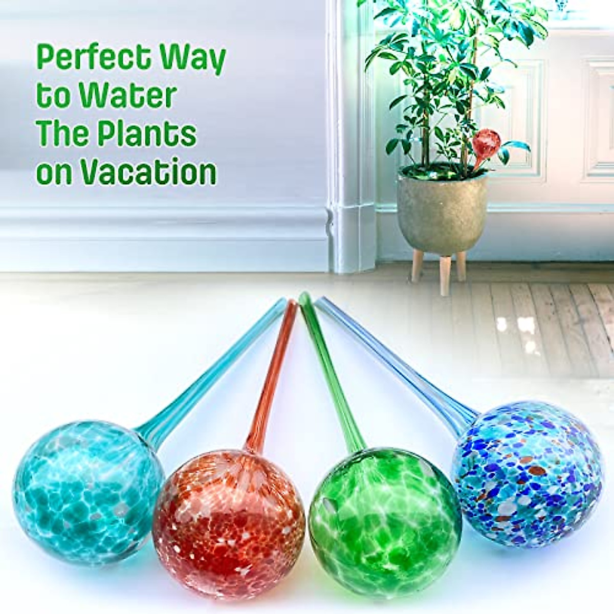 Pirhom Large Plant Watering Globes-Set of 4 | Durable Glass Automatic Waterer for Indoor Outdoor Plants | Up to 2 Weeks Hands Free | Ideal for Vacation Watering & Garden Decoration | 12"x3.5"