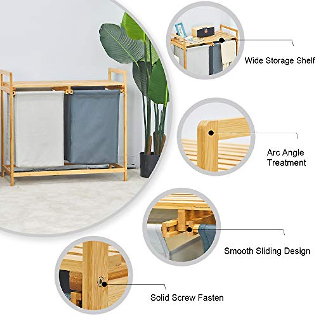 WORTHYEAH Bamboo Laundry Hamper and Shelf, Dual Compartments Laundry Basket with Removable Bag, 2 Sections Laundry Organizer and Storage, Wooden Bamboo Laundry Sorter