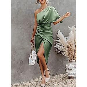 ANRABESS Women Satin One Shoulder Short Sleeve Ruched Bodycon Wrap Cocktail Party Midi Dress 2023 Graduation Prom Dresses Elegant Wedding Guest Evening Night 891anlv-M Army Green