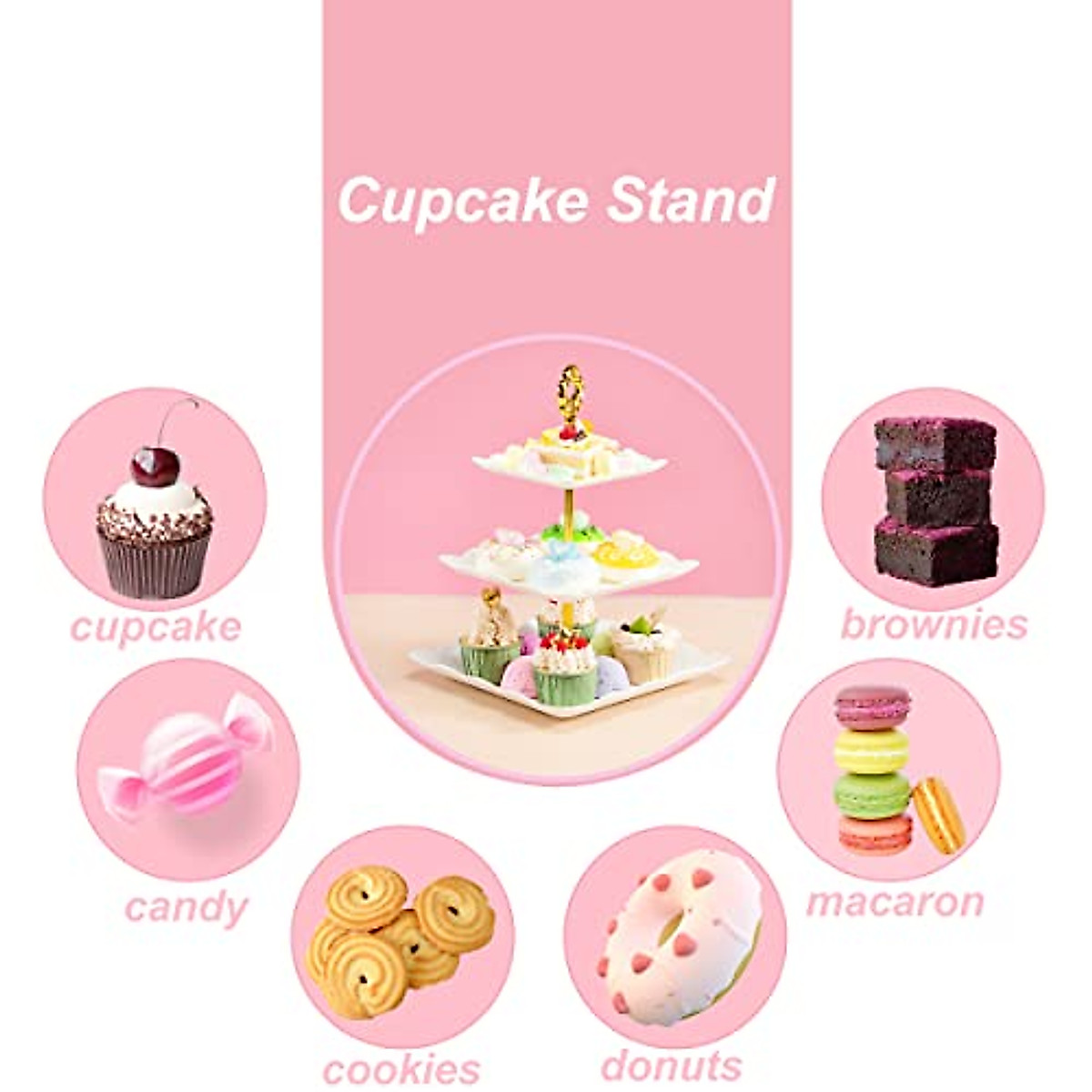 Supernal 3 Tier Cupcake Stands, 6pcs Plastic Trays, 4Pack Cupcake Dessert Stand, Party Trays Set, Cake Platters Includes 6 pcs Pastry Trays, 2 pcs Square Cake Trays, 2 pcs Round Cake Trays