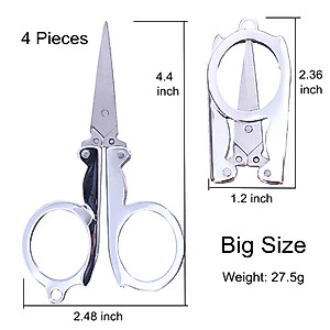 Foldable Small Scissors,Portable Mini Travel Scissor,Big Size Stainless Steel Folding Scissor with Keychain Pointy Small Sewing Fold Up Scissors Craft Camping 4 pack