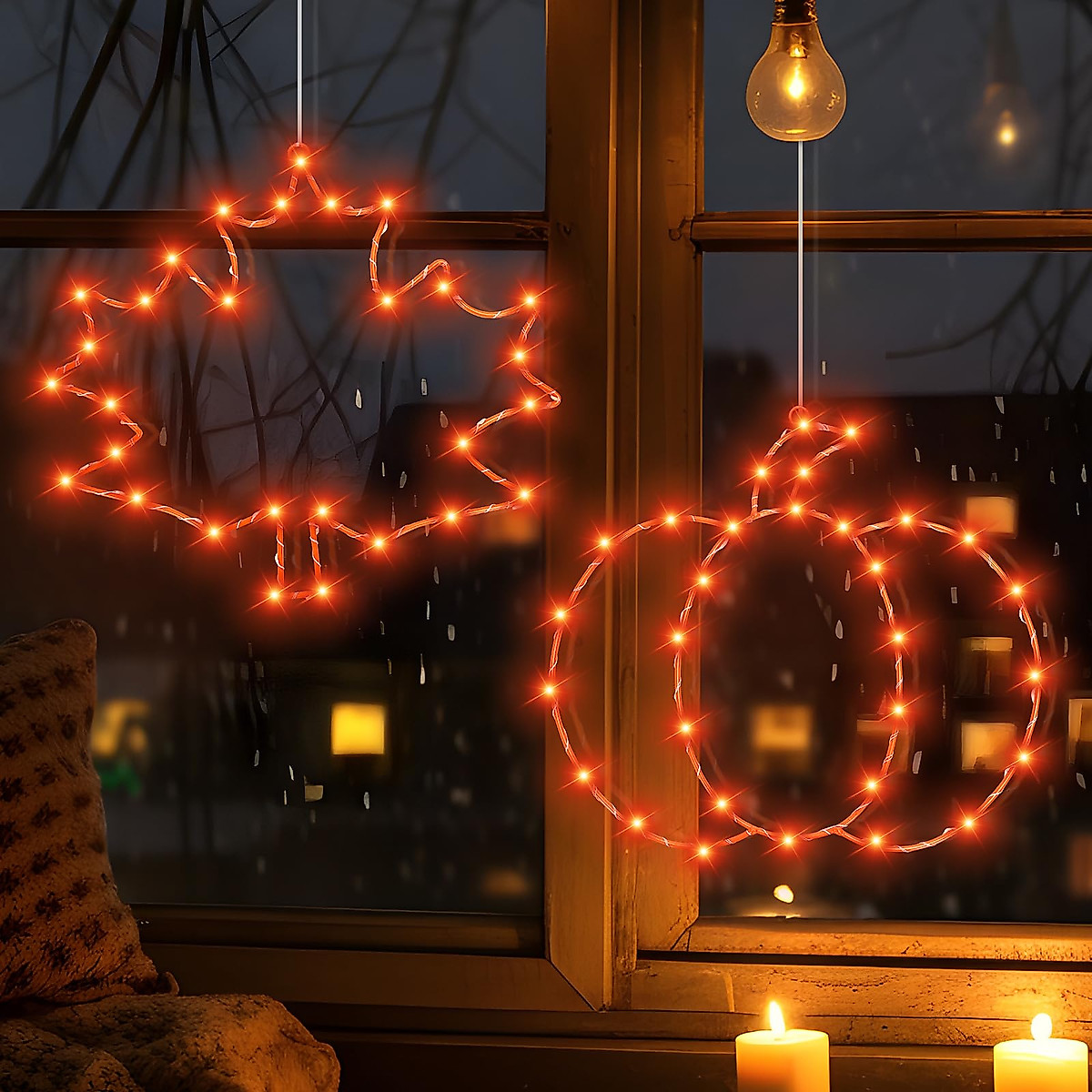 2PCS Fall Window Decoration Lights,Leaf Pumpkin Window Hanging Lights Indoor,Autumn Silhouette Lights for Thanksgiving Holiday Home Party Decor