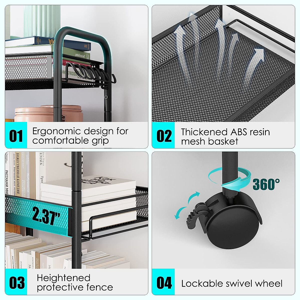 HomeHom 5-Tier Rolling Cart, Metal Utility Cart with Lockable Wheels, Rolling Storage Cart with Handle Kitchen Cart with 12 Hooks for Office, Bathroom, Kitchen, Kids' Room, Classroom (Black)