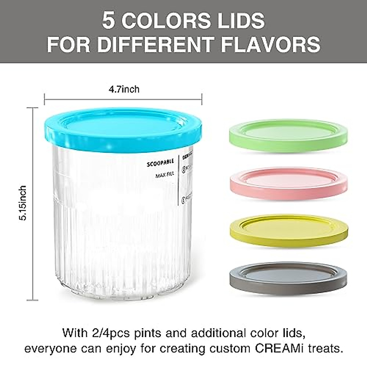 SAMTURUI Ice Cream Containers 24oz Replacement Pints and Lids for Ninja Creami 4 Pack, Compatible with Ninja NC501 NC500 Series/Deluxe Ice Cream Maker, BPA-Free, Dishwasher Safe, Leak Proof